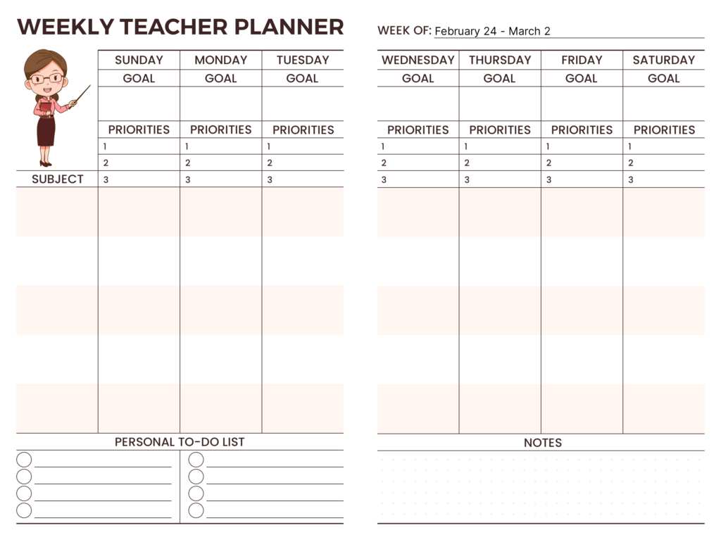 Editable & Printable Weekly Teacher Planner Template