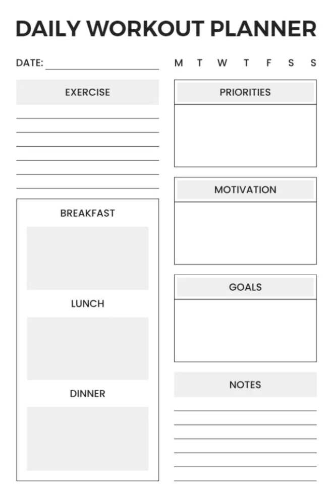 Custom Printable Daily Workout Planner Template