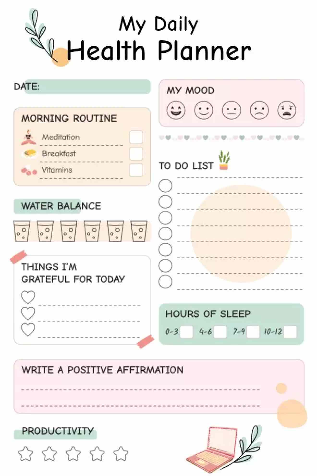 Customizable Daily Health Planner Template