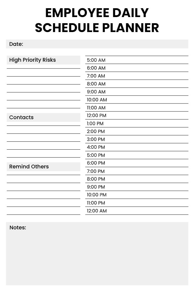 Employee Daily Schedule Planner Template for Work Efficiency