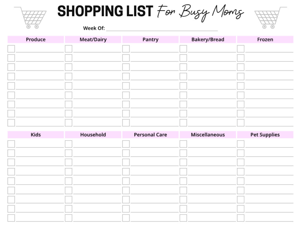 Download Weekly Shopping Checklist for Busy Moms Planner Free