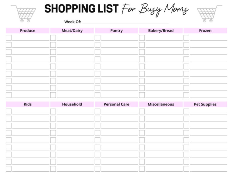 Download Weekly Shopping Checklist for Busy Moms Planner Free